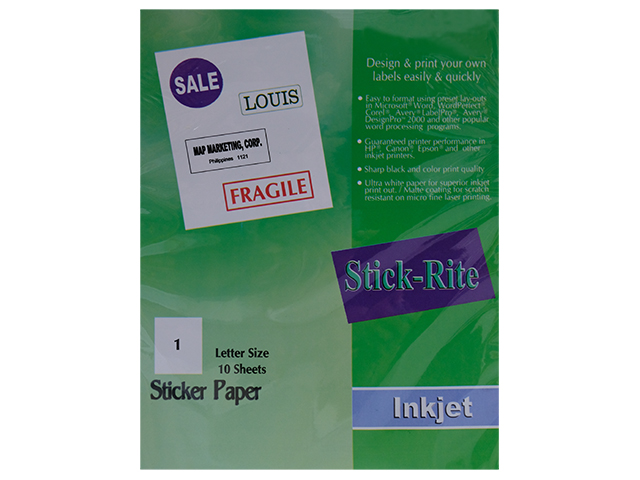 STICK-RITE STICKER PAPER INKJET 10'S WHT | Office Warehouse, Inc.
